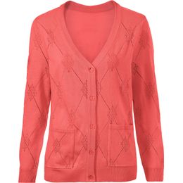 WITT Damen Ajourstrickjacke mit Rautenmuster, koralle, Gr&ouml;&szlig;e 52