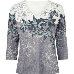WITT Damen Print-Shirt mit gebogten Kanten, petrol-schwarz-bedruckt, Gr&ouml;&szlig;e 42