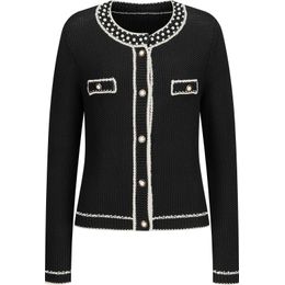WITT Damen Feinstrickjacke mit Zierperlen, gestrickt, schwarz-champagner-gemustert, Gr&ouml;&szlig;e 46