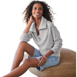 Heine Witt Damen Sweatshirt mit Troyer-Kragen, hellgrau-meliert, Gr&ouml;&szlig;e 50