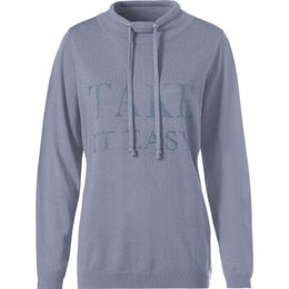 Heine Witt Damen Stehkragenpullover mit Glitzersteinchen-Schriftzug, taubenblau, Gr&ouml;&szlig;e 36