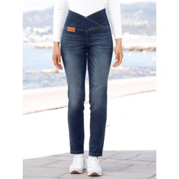WITT Damen Stretch-Jeans mit &uuml;berlappendem Bund, blue-stone-washed, Gr&ouml;&szlig;e 24