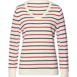 WITT Damen V-Ausschnitt-Pullover mit Ringel-Muster, pflegeleicht, wei&szlig;-rot-geringelt, Gr&ouml;&szlig;e 54