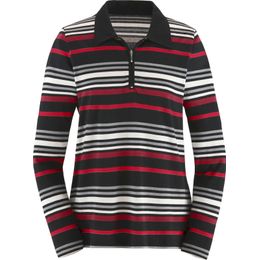 WITT Damen Poloshirt mit kurzem Zipper, rot-schwarz-geringelt, Gr&ouml;&szlig;e 52