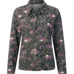 WITT Damen Langarm-Poloshirt in hautsympathischem Single-Jersey, schwarz-violett-bedruckt, Gr&ouml;&szlig;e 38