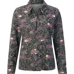 WITT Damen Langarm-Poloshirt in hautsympathischem Single-Jersey, schwarz-violett-bedruckt, Gr&ouml;&szlig;e 40