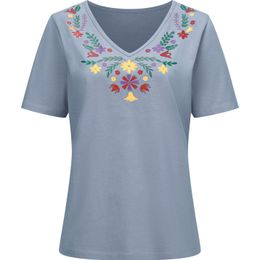WITT Damen V-Shirt mit floralem Druck, bleu, Gr&ouml;&szlig;e 56