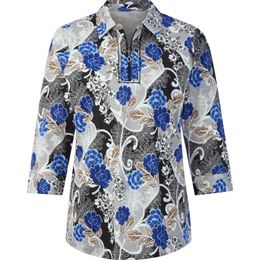 WITT Damen Poloshirt mit Glitzersteinchen, steingrau-royalblau-bedruckt, Gr&ouml;&szlig;e 54
