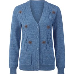 WITT Damen Strickjacke mit Stickerei und Zierperlen, mittelblau-meliert, Gr&ouml;&szlig;e 44
