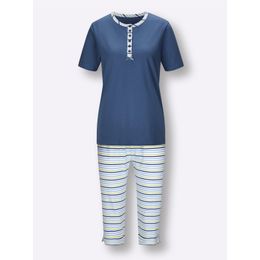 w&auml;schepur w&auml;schepur Damen Capri-Schlafanz&uuml;ge mit Knopfleiste, jeansblau + jeansblau-geringelt, Gr&ouml;&szlig;e 36/38
