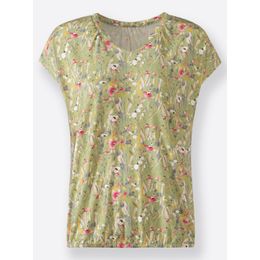 sheego Gro&szlig;e Gr&ouml;&szlig;en Print-Shirt mit kleinem V und Raffung am Ausschnitt, lindgr&uuml;n-bedruckt, Gr&ouml;&szlig;e 52 - Damen