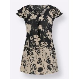 WITT Damen Druckbluse mit kurzem Volant&auml;rmel, schwarz-elfenbein-bedruckt, Gr&ouml;&szlig;e 52