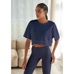 Kurzarmshirt Lascana, Damen, Gr. M (40/42), blau (dunkelblau), Single Jersey, Obermaterial: 95% Baumwolle, 5% Elasthan, l&auml;ssig geschnitten bauchfrei, Rundhals, Shirts, mit kastigem Schnitt und Lagen-Look
