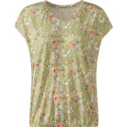 WITT Damen Print-Shirt mit kleinem V und Raffung am Ausschnitt, lindgr&uuml;n-bedruckt, Gr&ouml;&szlig;e 36