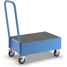 eurokraft basic Fahrbare Auffangwanne aus Stahlblech, LxB 800 x 500 mm, 2 x 60-l-Fass stehend, blau RAL 5012