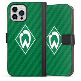 DeinDesign iPhone 13 Pro Max Handy Klapph&uuml;lle Handyh&uuml;lle aus Kunst Leder schwarz Flip Case Carbon Official Licensed Product Sv Werder Bremen Sideflip mit langer 