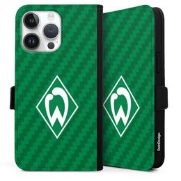DeinDesign iPhone 14 Pro Max Handy Klapph&uuml;lle Handyh&uuml;lle aus Kunst Leder schwarz Flip Case Carbon Official Licensed Product Sv Werder Bremen Sideflip mit Lasche
