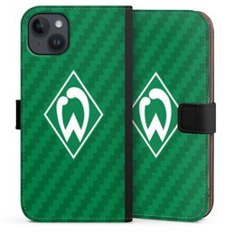 DeinDesign iPhone 14 Plus Handy Klapph&uuml;lle Handyh&uuml;lle aus Kunst Leder schwarz Flip Case Carbon Official Licensed Product Sv Werder Bremen Sideflip mit langer 