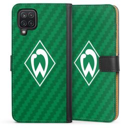 DeinDesign Galaxy A12 Handy Klapph&uuml;lle Handyh&uuml;lle aus Kunst Leder schwarz Flip Case Carbon Official Licensed Product Sv Werder Bremen Sideflip mit langer Lasche