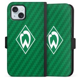DeinDesign iPhone 15 Handy Klapph&uuml;lle Handyh&uuml;lle aus Kunst Leder schwarz Flip Case Carbon Official Licensed Product Sv Werder Bremen Sideflip mit Lasche