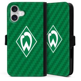 DeinDesign iPhone 16 Plus Handy Klapph&uuml;lle Handyh&uuml;lle aus Kunst Leder schwarz Flip Case Carbon Official Licensed Product Sv Werder Bremen Sideflip mit Lasche