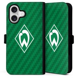 DeinDesign iPhone 16 Handy Klapph&uuml;lle Handyh&uuml;lle aus Kunst Leder schwarz Flip Case Carbon Official Licensed Product Sv Werder Bremen Sideflip mit Lasche