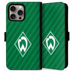 DeinDesign iPhone 16 Pro Handy Klapph&uuml;lle Handyh&uuml;lle aus Kunst Leder schwarz Flip Case Carbon Official Licensed Product Sv Werder Bremen Sideflip mit Lasche