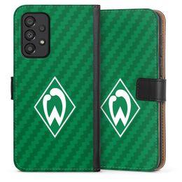 DeinDesign Galaxy A33 5G Handy Klapph&uuml;lle Handyh&uuml;lle aus Kunst Leder schwarz Flip Case Carbon Official Licensed Product Sv Werder Bremen Sideflip mit langer 