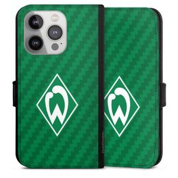 DeinDesign iPhone 14 Pro Handy Klapph&uuml;lle Handyh&uuml;lle aus Kunst Leder schwarz Flip Case Carbon Official Licensed Product Sv Werder Bremen Sideflip mit langer 