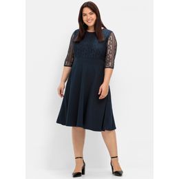 Cocktailkleid sheego "Abendkleid", Damen, Gr. 48, Normalgr&ouml;&szlig;en, blau (nachtblau), 60% Viskose, 35% Polyimid, 5% Elasthan, Spitze:100% Polyimid, unifarben, knielang, Rundhals, Kleider Cocktailkleid