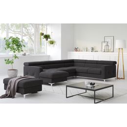 Wohnlandschaft COTTA "Sammy U-Form", schwarz, B:304cm H:74cm T:240cm, NaturLEDER, die Rückseite ist mit schwarzem und die Liegefläche der Bettfunktion ist mit beigem Spannstoff bezogen, Sofas, mit Kopfteilverstellung, wahlweise mit Bettfunktion & Bettkasten