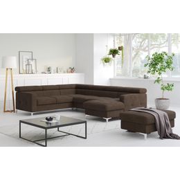 Wohnlandschaft COTTA "Sammy U-Form", braun (espresso), B:304cm H:74cm T:240cm, NaturLEDER, die R&uuml;ckseite ist mit schwarzem und die Liegefl&auml;che der Bettfunktion ist mit beigem Spannstoff bezogen, Sofas, Wohnlandschaft, mit Kopfteilverstellung, wahlweise mit Bettfunktion & Bettkasten
