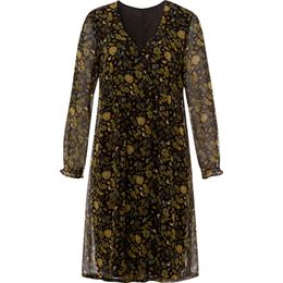 WITT Damen A-Linien-Kleid mit Raffungen vorne, schwarz-ocker, Gr&ouml;&szlig;e 44