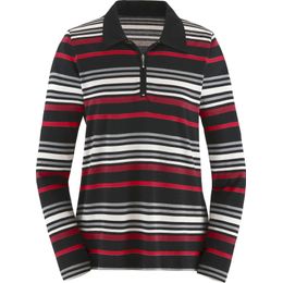 WITT Damen Poloshirt mit kurzem Zipper, rot-schwarz-geringelt, Gr&ouml;&szlig;e 38