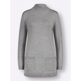 Damen Longpullover mit Stehkragen steingrau-meliert, Gr&ouml;&szlig;e 40