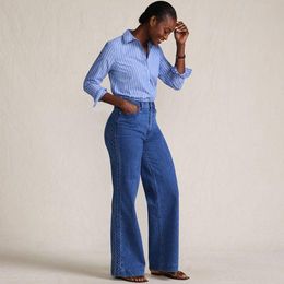 LANDS' END Soft Denim Jeans mit weitem Bein und Flecht-Detail, Damen,  Blau, Elasthan/Baumwoll-Mischung, by Lands' End