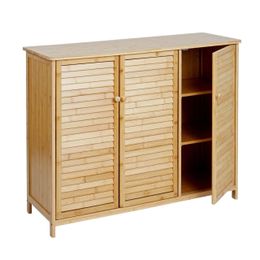 Mendler Badezimmerschrank HWC-B18, Badschrank Regal Badregal Kommode, 3 T&uuml;ren Bambus 81x97x34cm ~ Variantena 84836