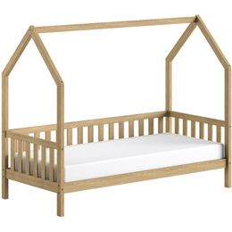 Vipack Hausbett »Cabane, mit Dachaufbau und Sprossenumrandung in Landhaus-Optik« (B/H/T ca. 208x169x98 cm) aus massiver Eiche, Oberfläche Natur,...