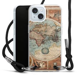 DeinDesign iPhone 15 Handy Carry Case H&uuml;lle mit Band Handykette zum Umh&auml;ngen schwarz Map Vintage World Map Carry Case