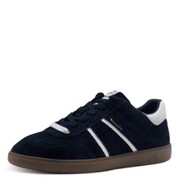 Plateausneaker Tamaris, Damen, Gr. 40, blau (navy), Lederimitat, Veloursleder, unifarben mit Farbeinsatz, Schuhe, Freizeitschuh, Halbschuh, Schnürschuh mit gepolstertem Schaftrand