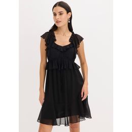 bonprix Chiffonkleid in A-Linie, schwarz, Gr.36, Kurzes Kleid mit R&uuml;schen&auml;rmeln