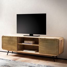 FineBuy Massivholz TV-Board 160cm Kommode Mango mit goldener Hammerschlag Front Lowboard Fernsehschrank