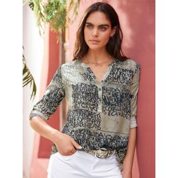 Druckbluse Heine, Damen, Gr. 38, gr&uuml;n (oliv, sand, bedruckt), 100% Viskose, bedruckt, gemustert, mehrfarbig, Rundhals, Blusen Druckbluse