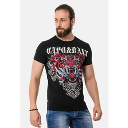 Cipo & Baxx T-Shirt CIPO & BAXX "T-Shirt", Jungen, Gr. M, schwarz, 95% Baumwolle, 5% Elasthan, regular fit, Rundhals, Shirts T-Shirt, mit L&ouml;wen-Grafikdruck