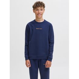 Jack & Jones Sweatshirt JACK & JONES JUNIOR "JORNORREBRO EMB SWEAT CREW NOOS JNR", Jungen, Gr. 128, blau (ocean cavern), angeraute Sweatware, Obermaterial: 89% Baumwolle, 11% Polyester, unifarben, relaxed fit normal, Rundhals, Rippb&uuml;ndchen, Sweatshirts Sweatshirt