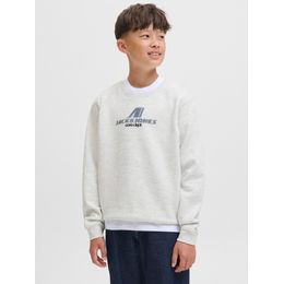 Jack & Jones Sweatshirt JACK & JONES JUNIOR "JCOTIER PRINT SWEAT CREW NECK SN JNR", Jungen, Gr. 164, grau (wei&szlig; melange), angeraute Sweatware, Obermaterial: 70% Baumwolle, 30% Polyester, bedruckt, relaxed fit h&uuml;ftlang, Rundhals, Rippb&uuml;ndchen, Sweatshirts Sweatshirt