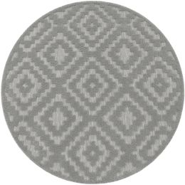 Paco Home Teppich &raquo;Livorno 672&laquo; rund 14 mm H&ouml;he Uni-Farben, Scandi, Rauten Muster, Hoch-Tief Effekt, Outdoor geeignet grau Obermaterial: 100%...