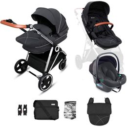 BABYGO Kombi-Kinderwagen »Halime 3in1« inklusive Babywanne, Babyschale, Regenhaube & Wickeltasche Anthracite Silver