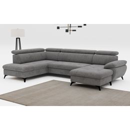 Wohnlandschaft COTTA, B:324cm T:207cm, grau, Sofas, "Hudson U-Form", mit Kopfteilverstellung, wahlweise mit Bettfunktion & Bettkasten