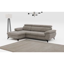 Ecksofa COTTA, B:261cm H:100cm T:166cm, grau, Wohnzimmer, Sofas, "Hudson L-Form", mit Kopfteilverstellung, wahlweise mit Bettfunktion & Bettkasten
